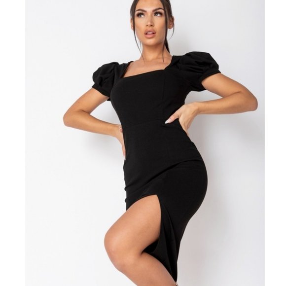 Dresses | Black Short Puff Sleeve Split Bodycon Midi Dress | Poshmark